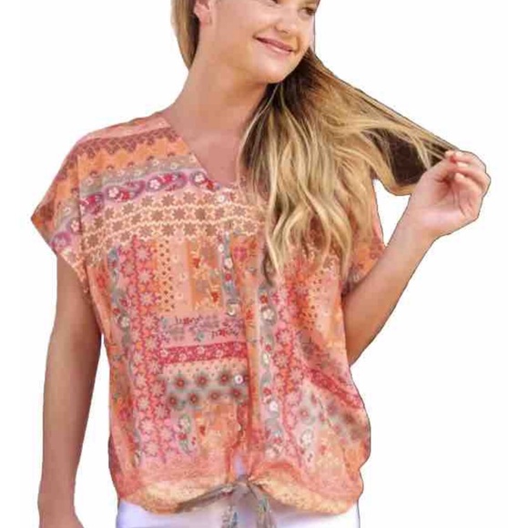 Umgee | Tops | Umgee Orange Coral Pink Paisley Floral Blouse With A Tie ...